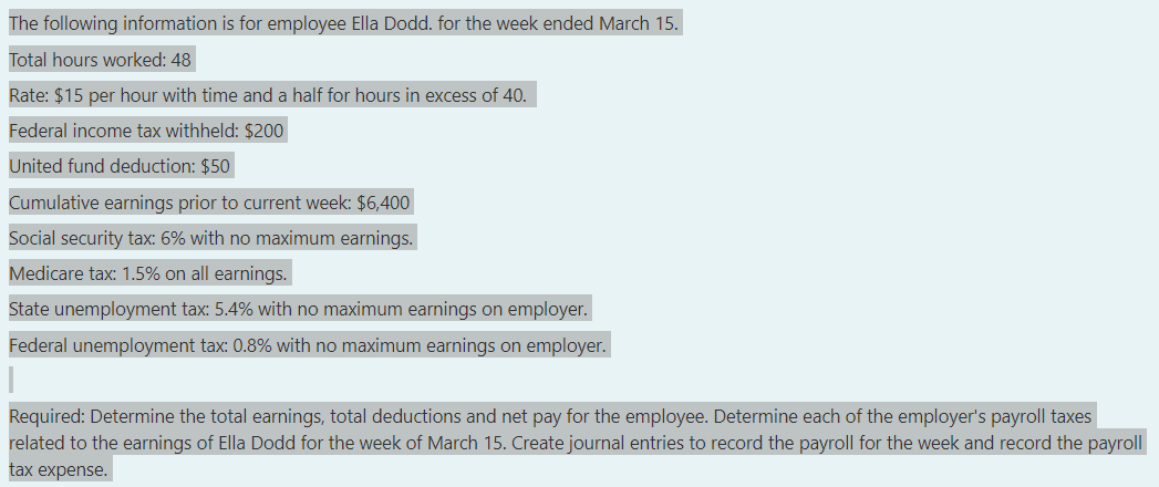 Solved The following information is for employee Ella Dodd. | Chegg.com