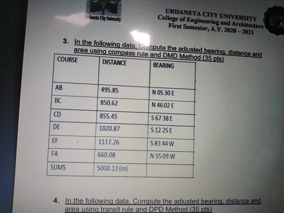 Solved In the following data, Compute the adjusted bearing, | Chegg.com