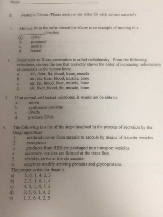 Solved Name B. Multiple Choice (Please encircle one letter | Chegg.com