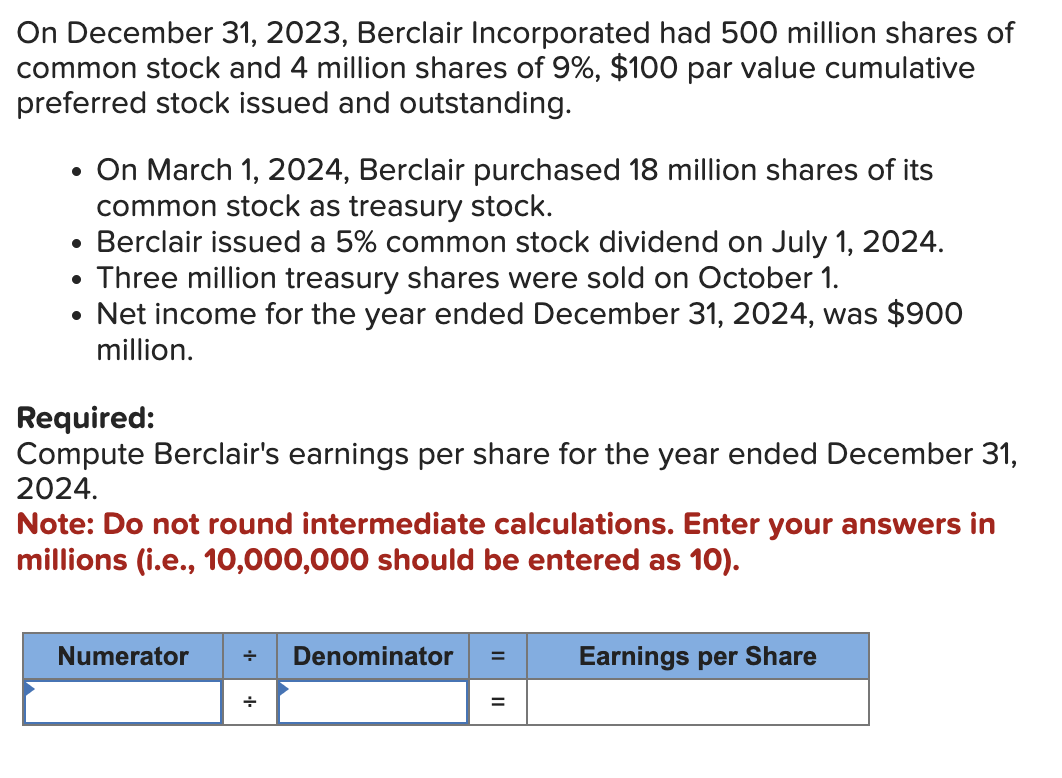 Solved On December 31, 2023, Berclair Incorporated had 500 | Chegg.com