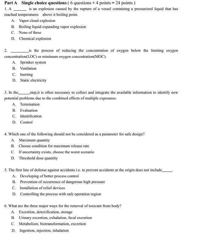 Solved Part A Single choice questions ( 6 questions ×4 | Chegg.com