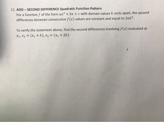 Solved 11. ADD-SECOND DIFFERENCE Quadratic Function Pattern | Chegg.com