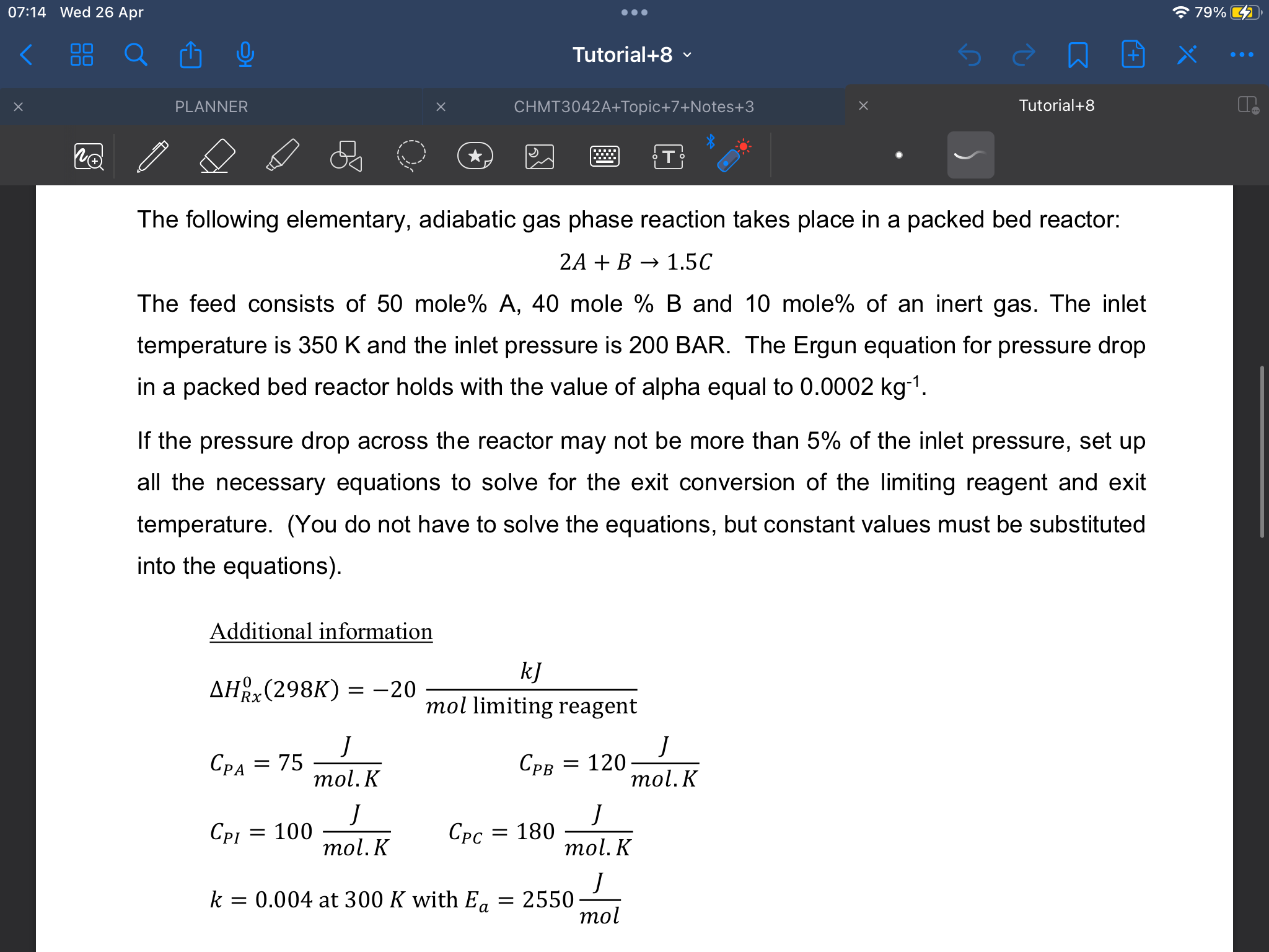 Solved 2A+B→1.5C The feed consists of 50 mole\% A, 40 mole | Chegg.com