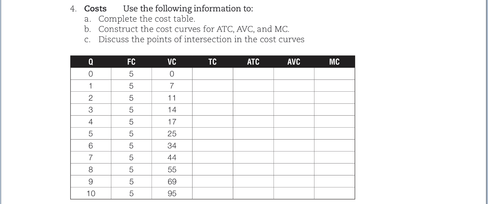 Solved 4. Costs Use the following information to: a. | Chegg.com