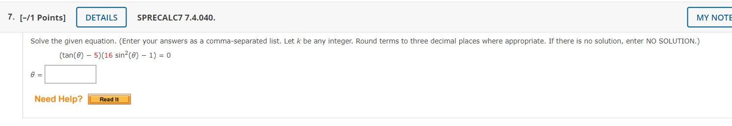 Solved [-/1 Points] SPRECALC7 7.4.040. Solve the given | Chegg.com