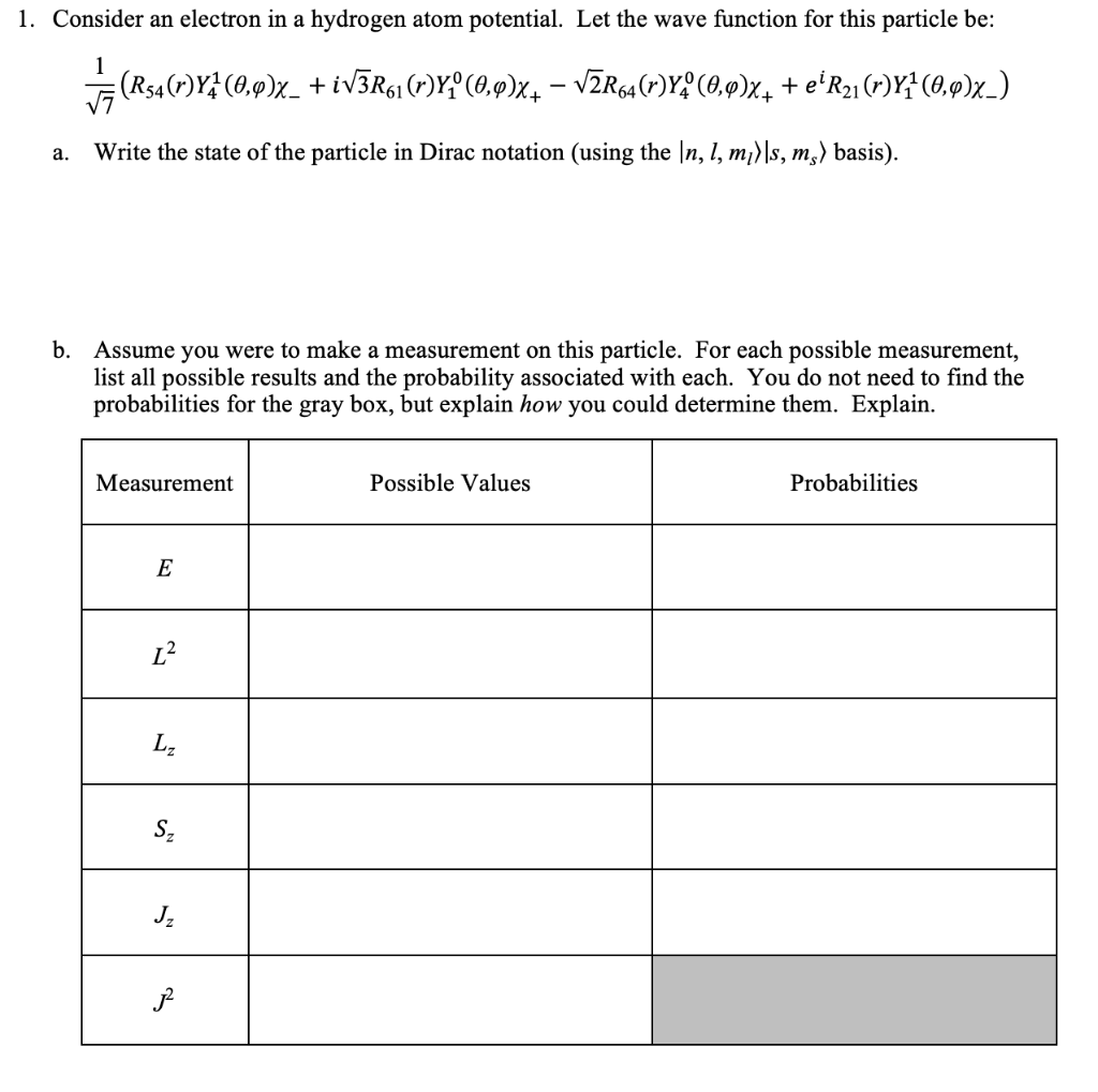 Solved 1. Consider an electron in a hydrogen atom potential. | Chegg.com