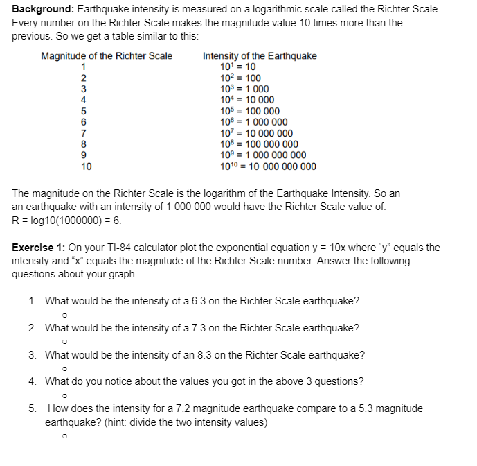 Solved Background: Earthquake intensity is measured on a | Chegg.com