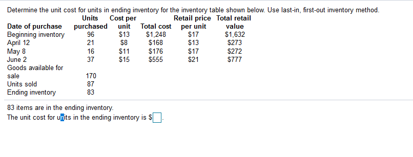 Solved Determine the unit cost for units in ending inventory | Chegg.com