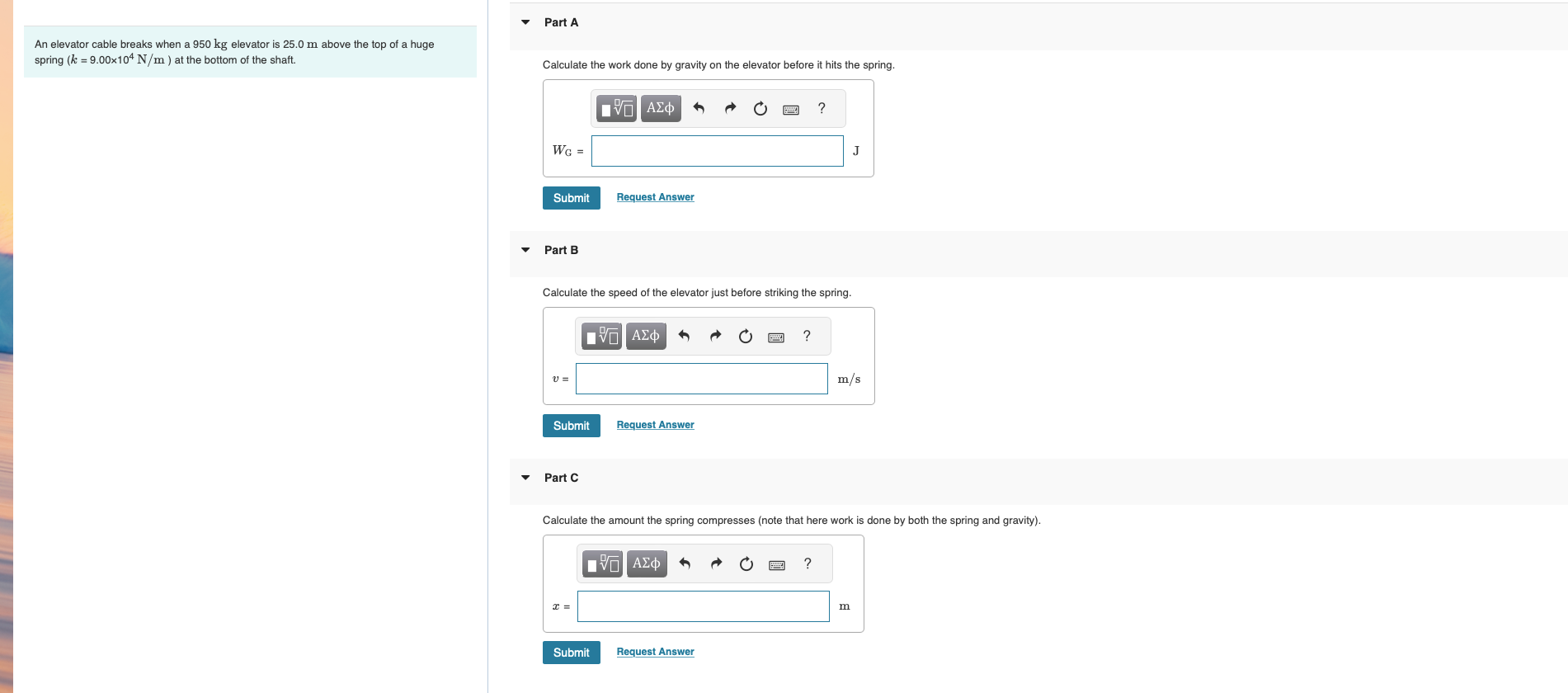 Solved An elevator cable breaks when a 950 kg elevator is | Chegg.com