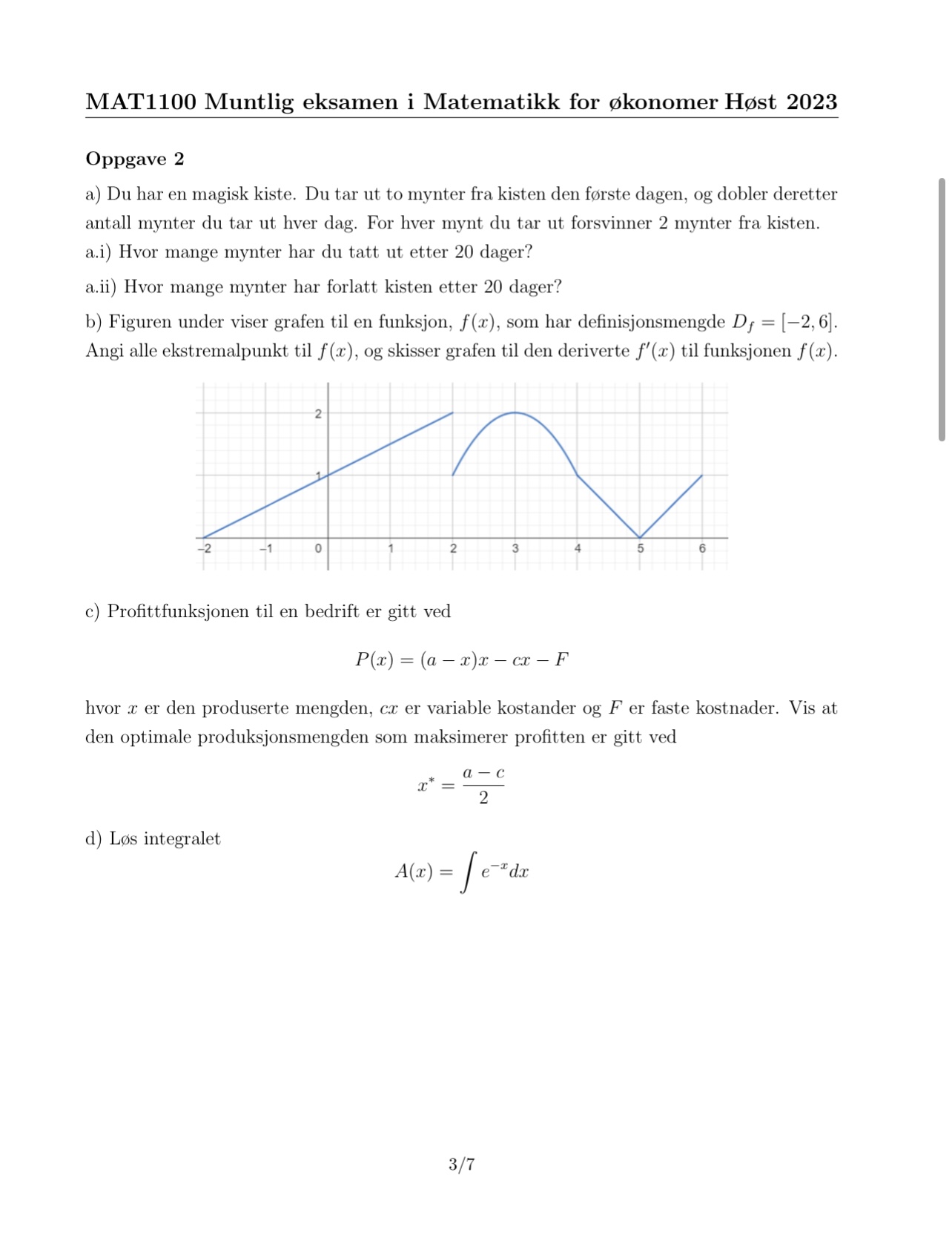 Solved MAT1100 Muntlig eksamen i Matematikk for ∅ konomer | Chegg.com
