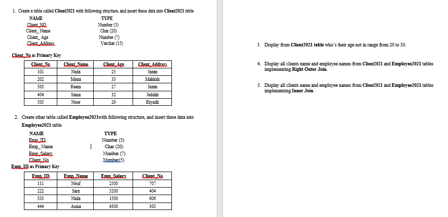Solved 1. Create a table called Client2021 with following | Chegg.com