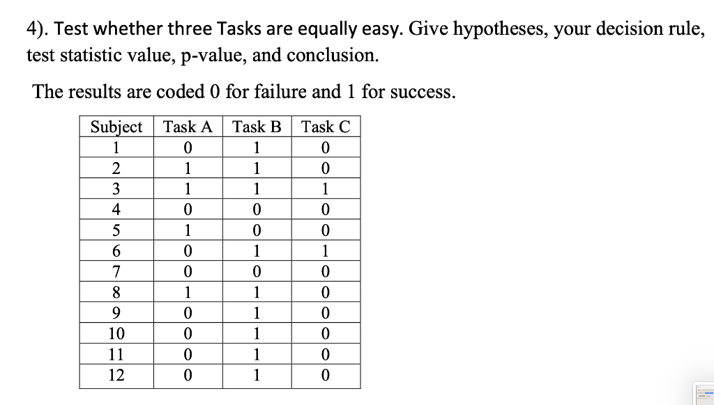 Solved 4). Test whether three Tasks are equally easy. Give | Chegg.com