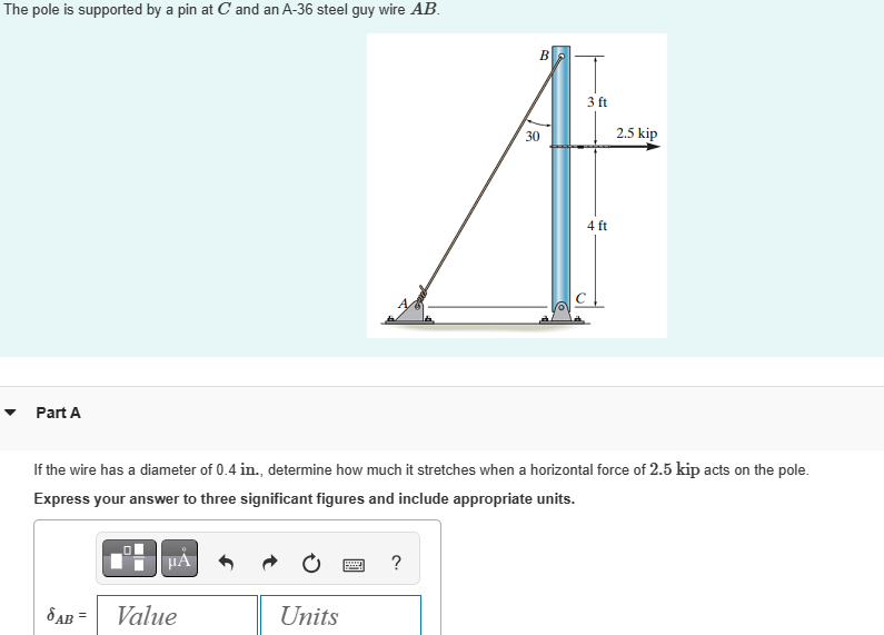 Solved The pole is supported by a pin at C and an A-36 steel | Chegg.com