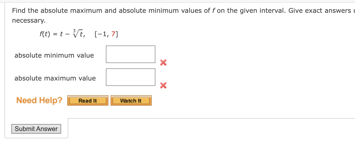 Solved Find the absolute maximum and absolute minimum values | Chegg.com