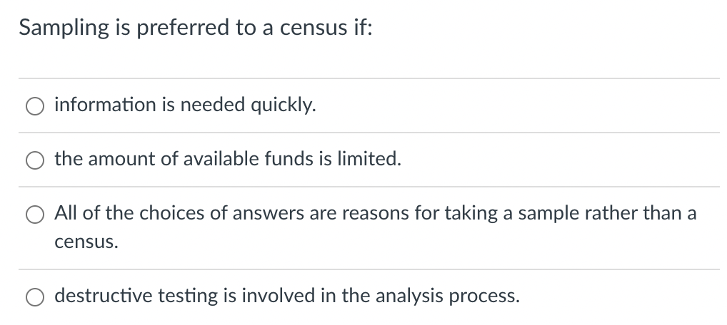 Solved Sampling is preferred to a census if: information is | Chegg.com