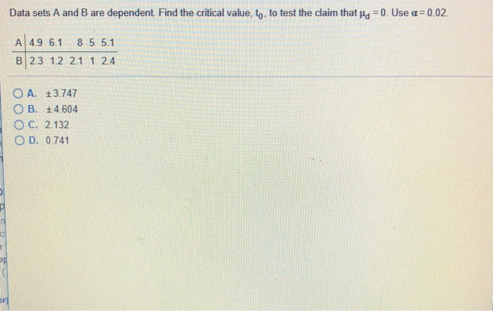 Solved Data sets A and B are dependent Find the critical | Chegg.com