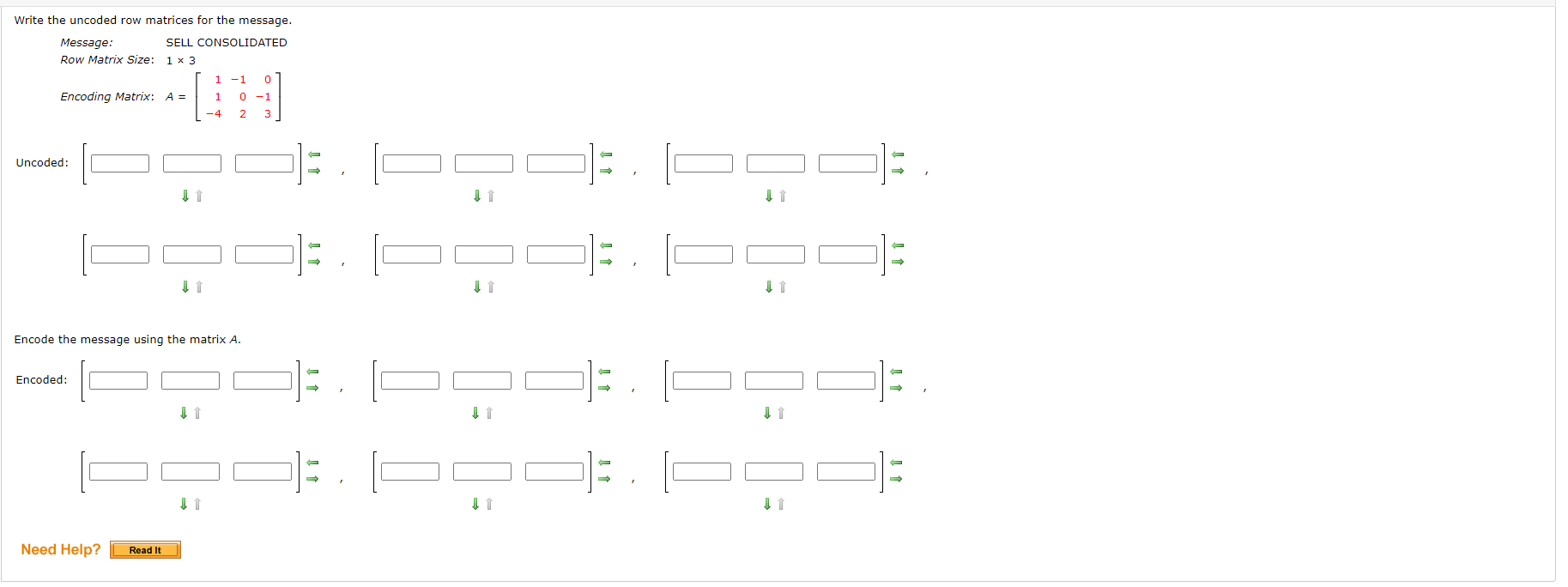 Solved Write the uncoded row matrices for the message. | Chegg.com