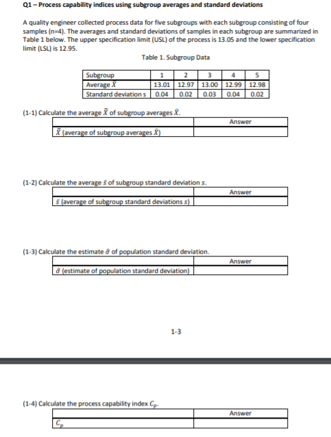 Solved Q1 - Process capability indices using subgroup | Chegg.com