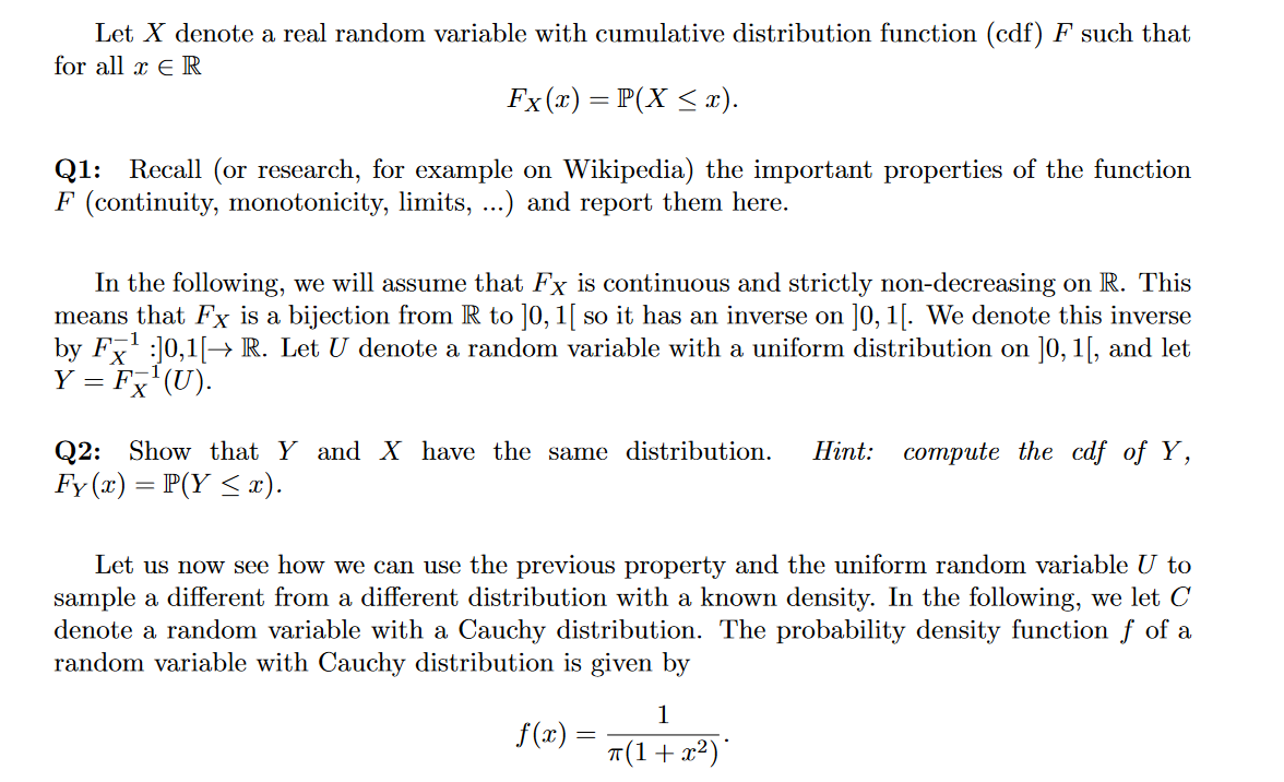 Solved Let X denote a real random variable with cumulative | Chegg.com