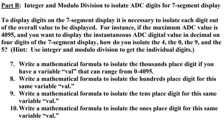 Solved Part B: Integer and Modulo Division to isolate ADC | Chegg.com