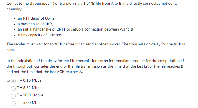 Solved Compute the throughput ( T ) of transferring a 1.5MB | Chegg.com
