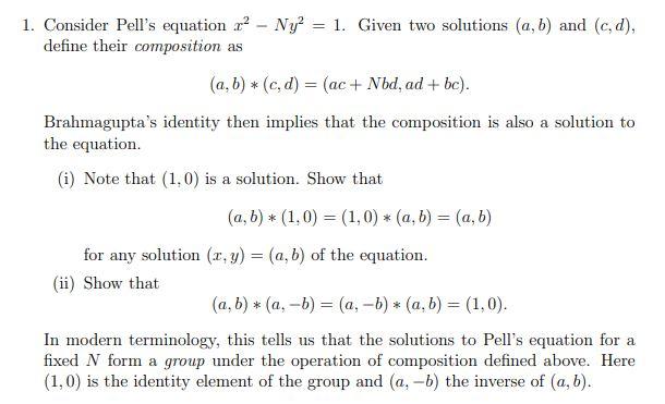 Solved = = a 1. Consider Pell's equation r? - Ny= 1. Given | Chegg.com
