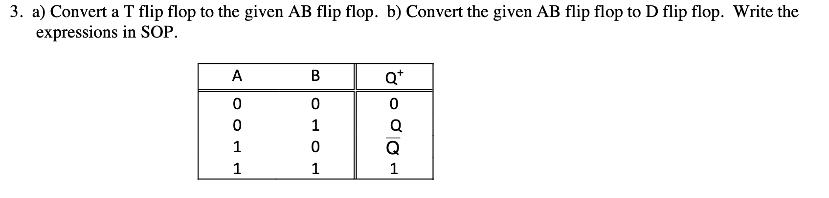 Solved 3. a) Convert a T flip flop to the given AB flip | Chegg.com