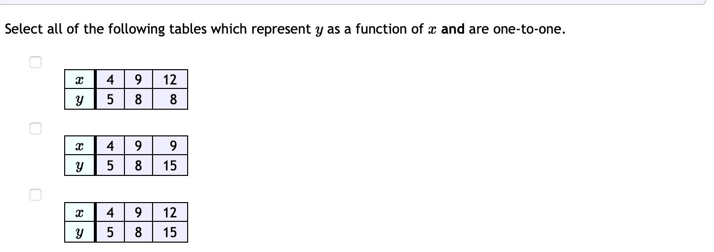 Solved Select all of the following tables which represent y | Chegg.com