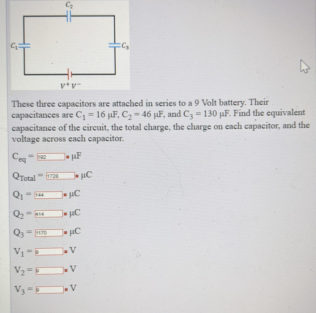 Solved These three capacitors are attached in series to a 9 | Chegg.com
