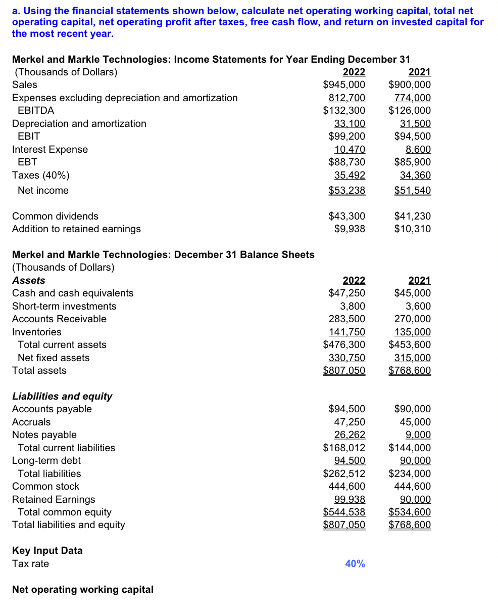 a. Using the financial statements shown below, | Chegg.com