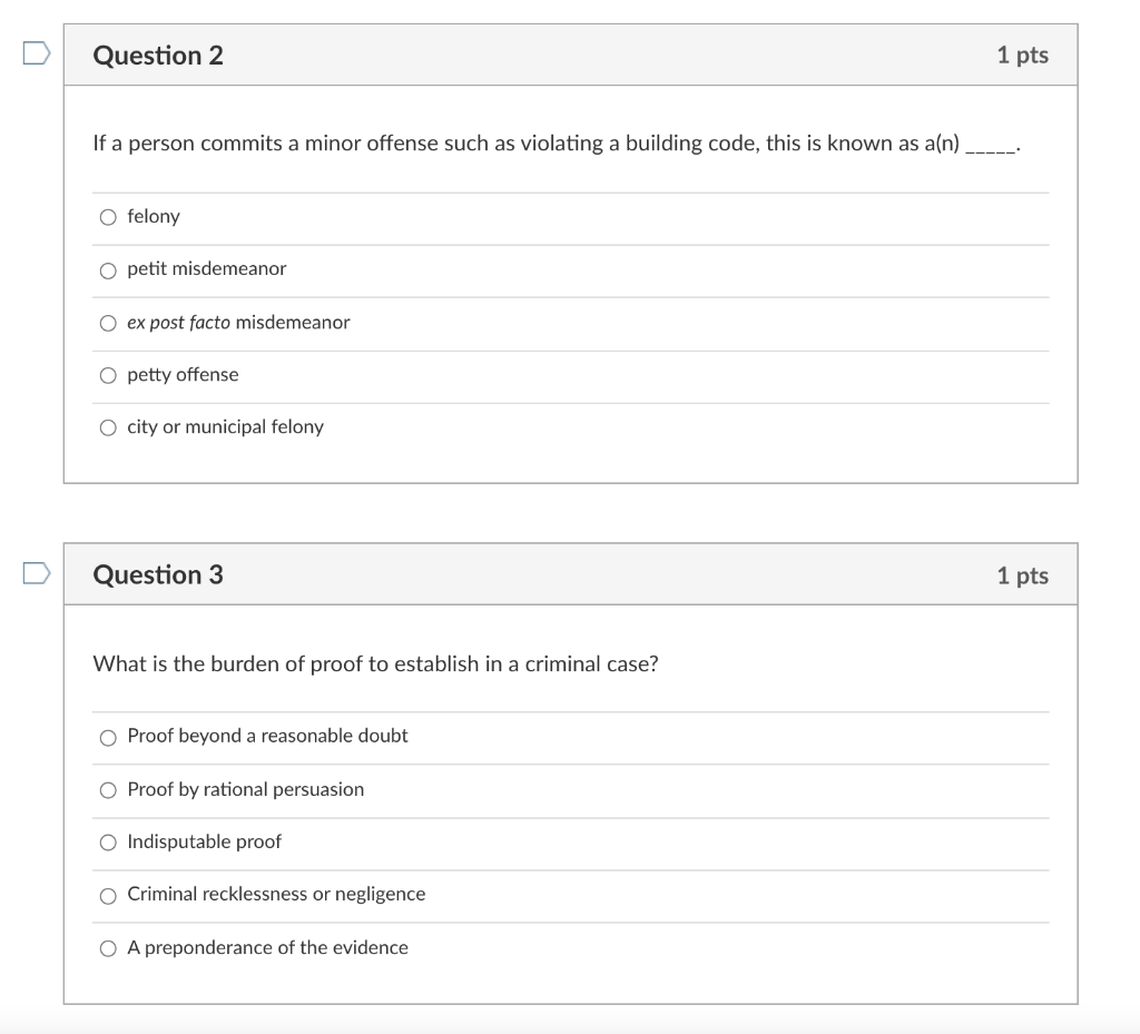 Solved Question 2 1 pts If a person commits a minor offense | Chegg.com