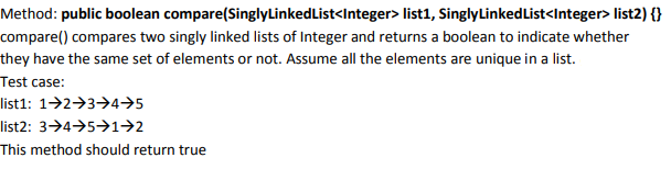 Solved Method: public boolean compare (SinglyLinkedList | Chegg.com