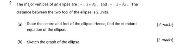 Solved 2. The major vertices of an ellipse are (−1,3+3) and | Chegg.com