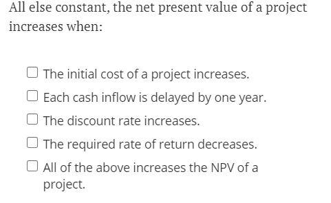Solved All else constant, the net present value of a project | Chegg.com