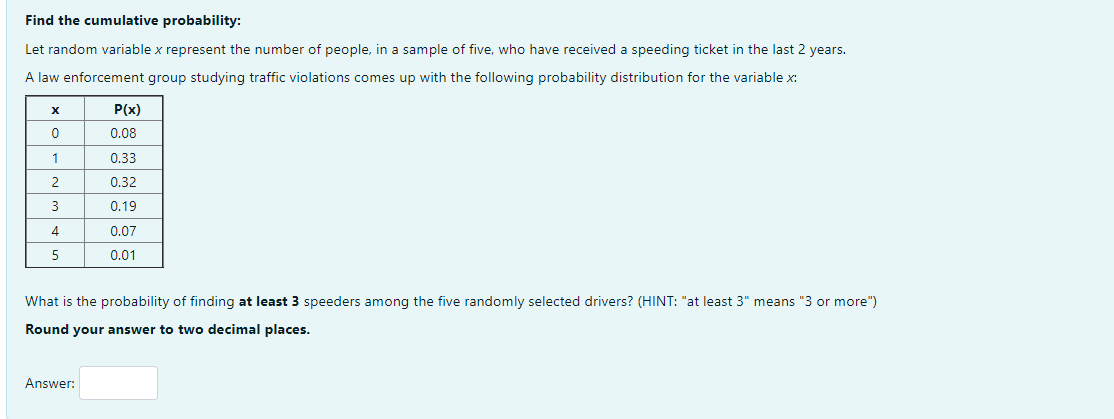 Solved Find the cumulative probability: Let random variable | Chegg.com