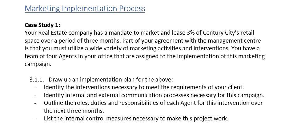 Marketing Implementation Process Case Study 1: Your | Chegg.com