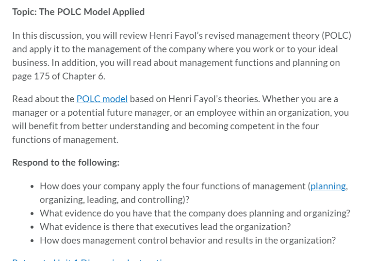 Solved Topic: The POLC Model Applied In this discussion, you | Chegg.com