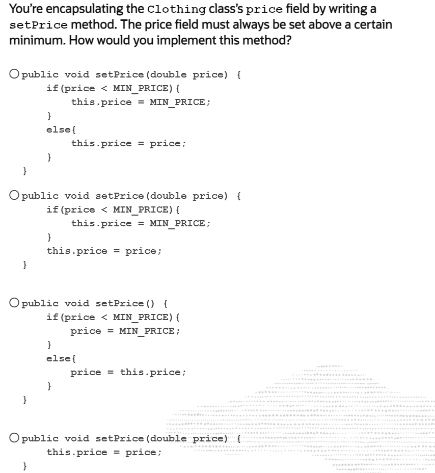 Solved You're encapsulating the clothing class's price field | Chegg.com