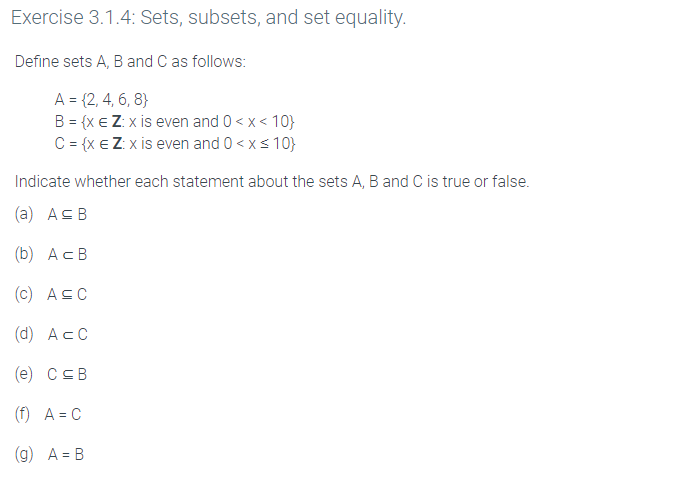 Solved Exercise 3.1.4: Sets, subsets, and set equality. | Chegg.com