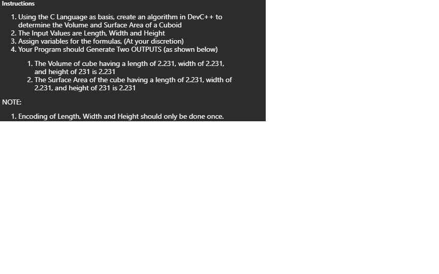 Solved Instructions 1. Using the C Language as basis, create | Chegg.com