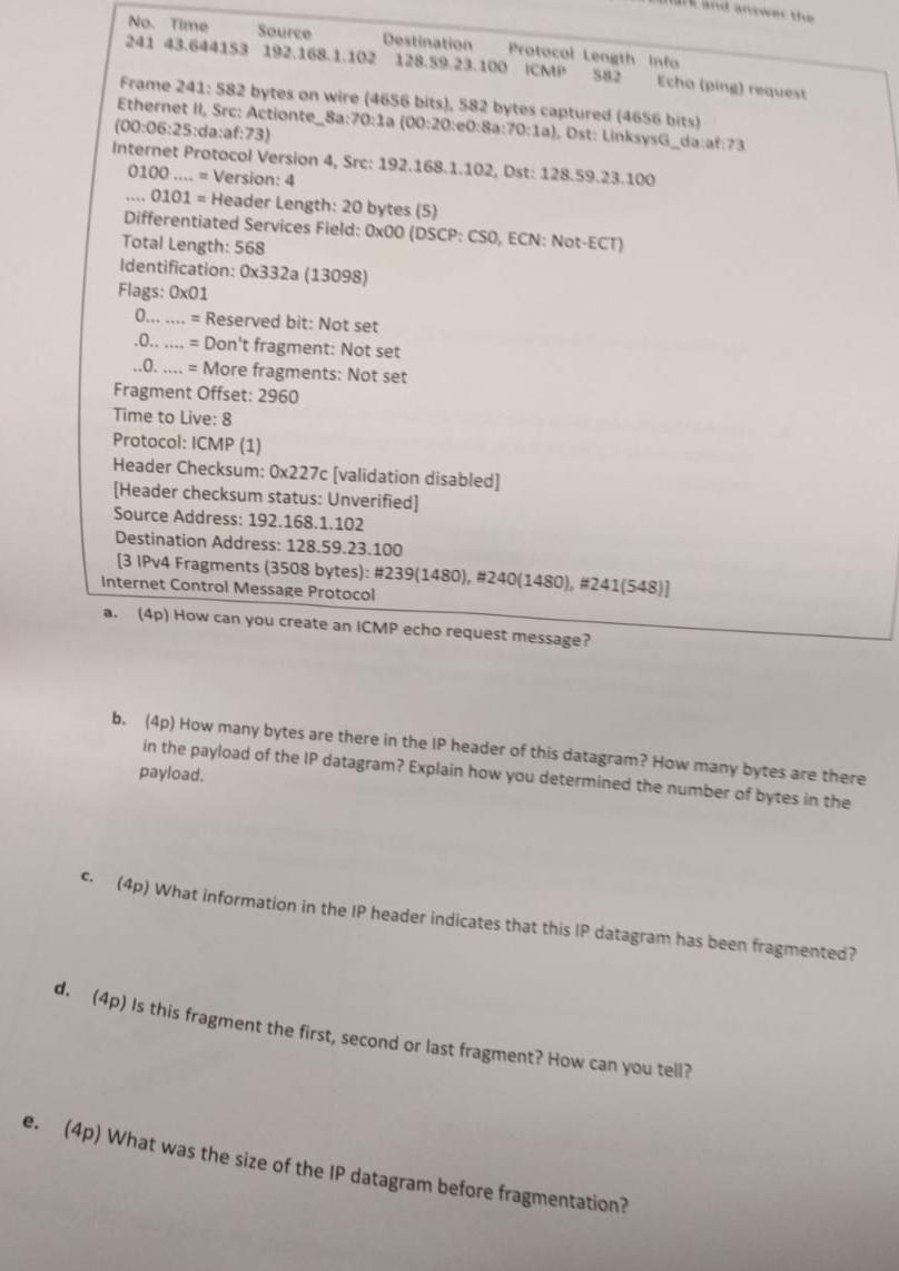 Solved question is: consider the above ICMP echo request | Chegg.com