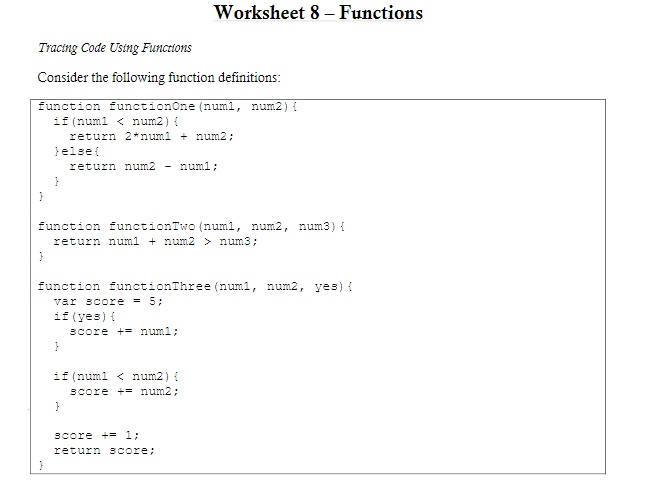 Solved Worksheet 8 – Functions Tracing Code Using Functions | Chegg.com