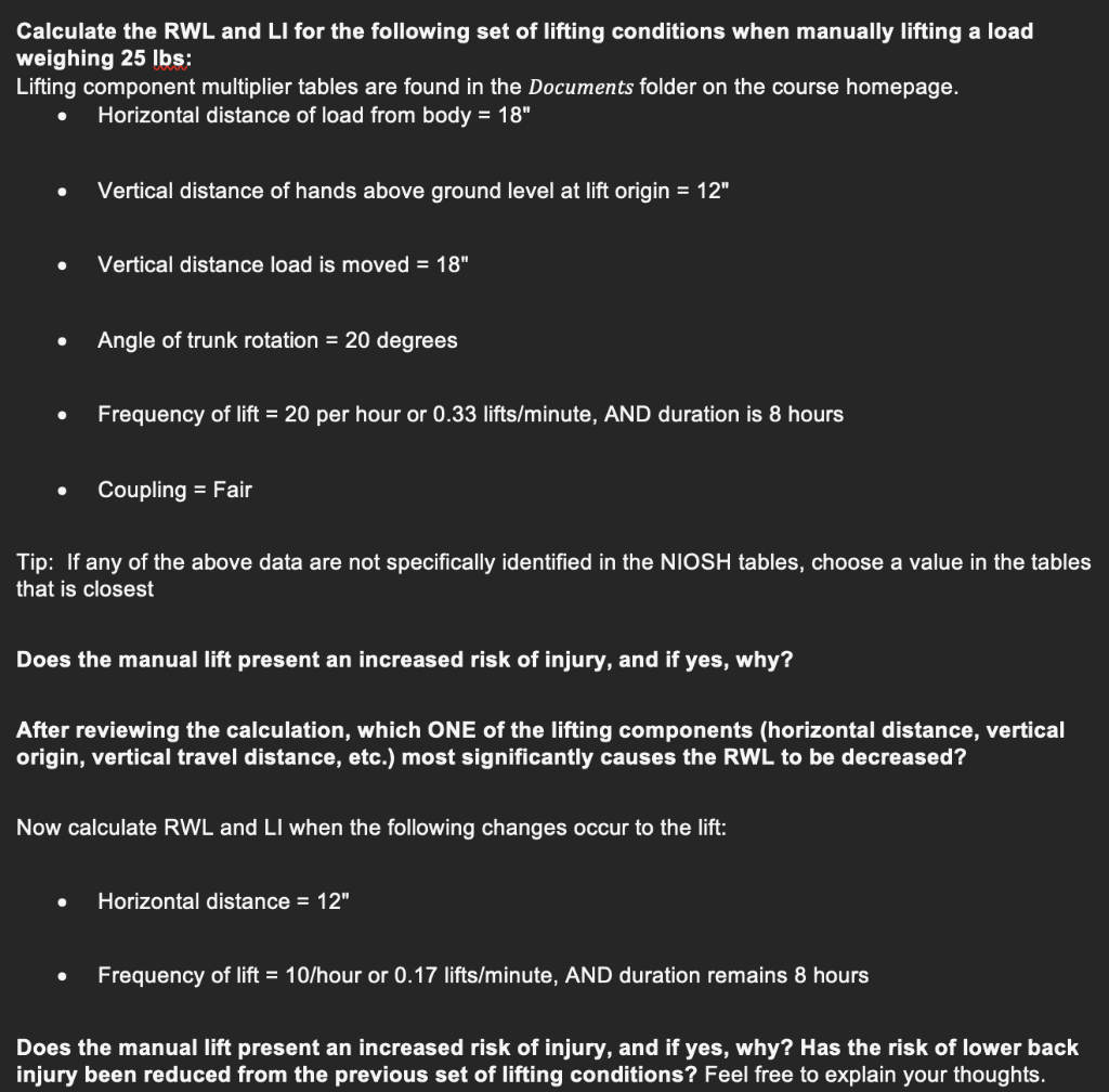 Solved Calculate the RWL and LI for the following set of | Chegg.com