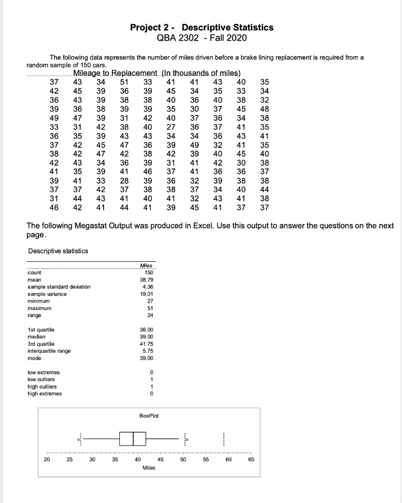Solved Project 2 - Descriptive Statistics QBA 2302 - Fall | Chegg.com