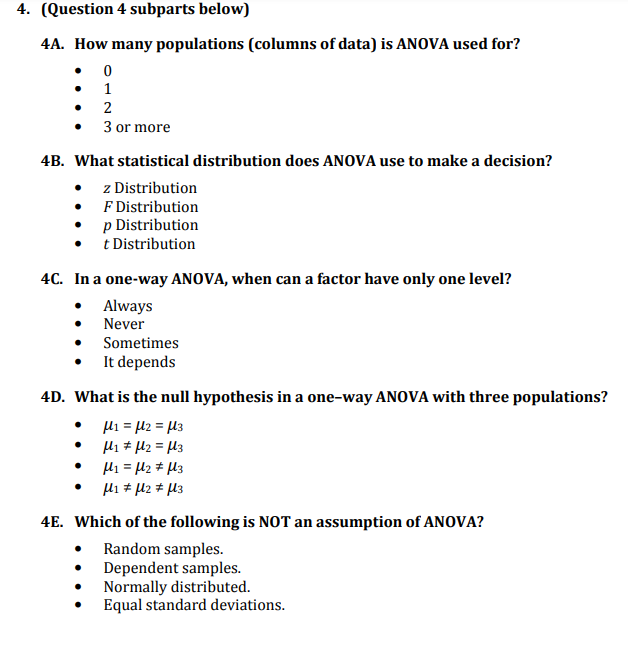 Solved 4A. How many populations (columns of data) is ANOVA | Chegg.com