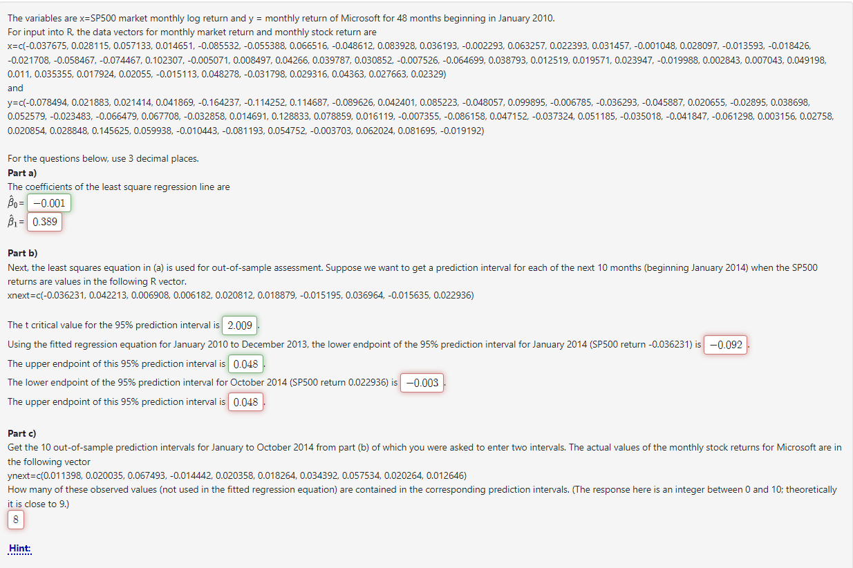 Solved The variables are x=SP500 market monthly log return | Chegg.com