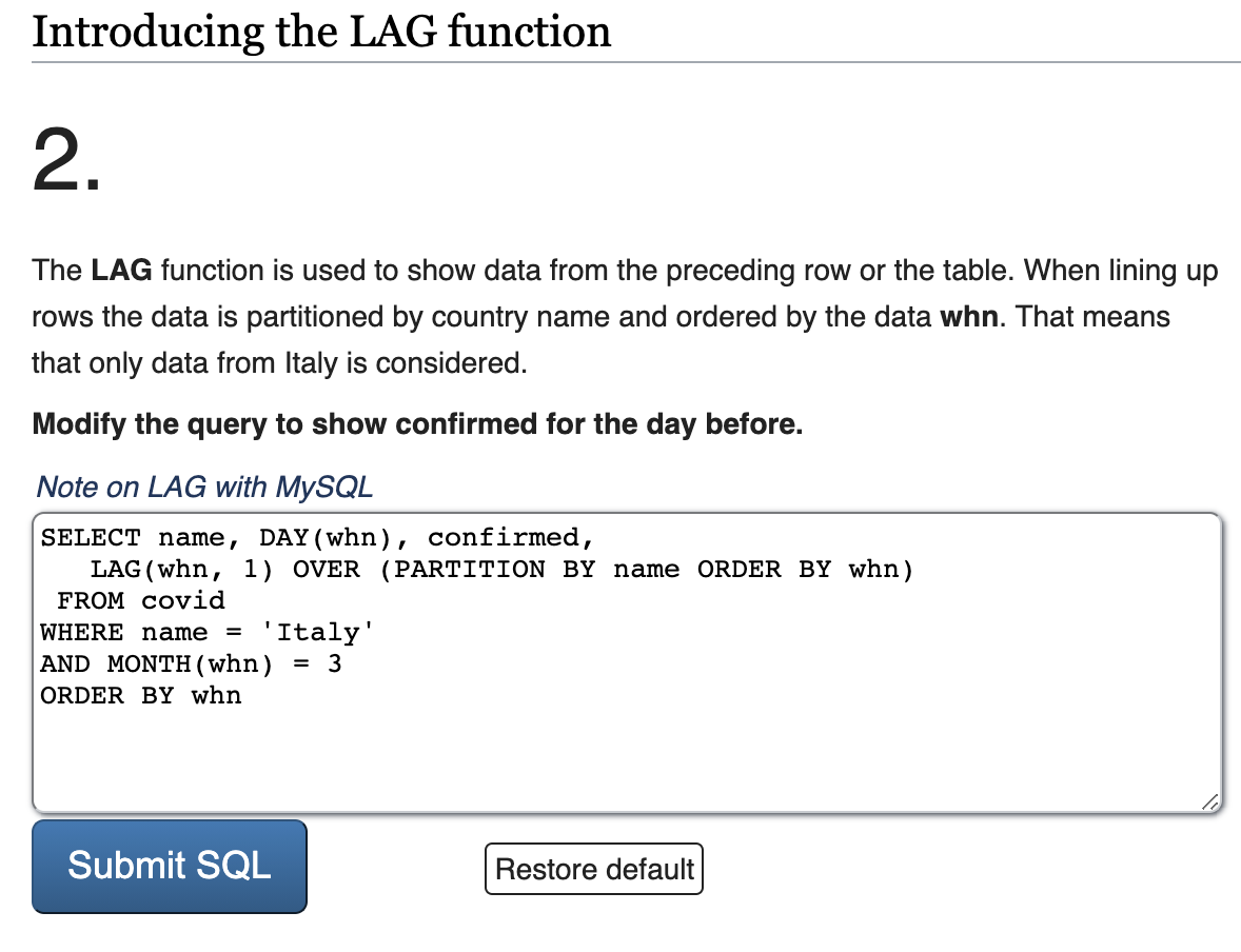 Solved Introducing the LAG function 2. The LAG function is | Chegg.com