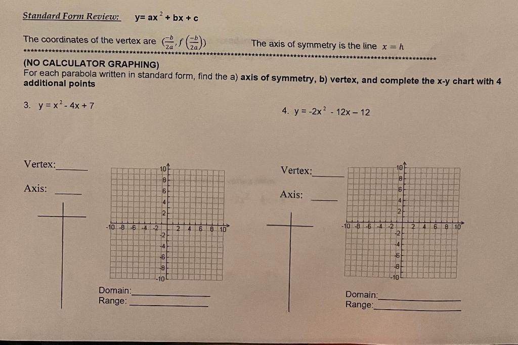 Solved Standard Form Review: y=ax2+bx+c The coordinates of | Chegg.com