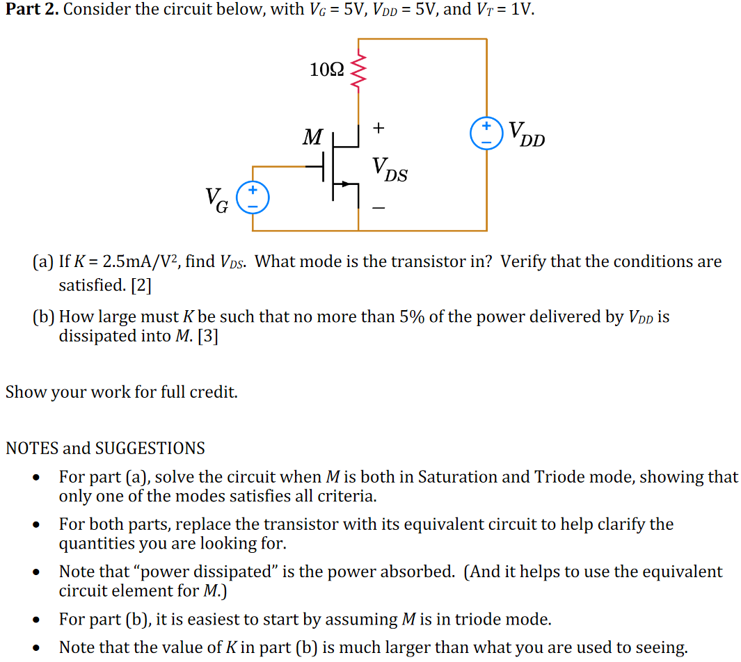 Solved Part 2. Consider the circuit below, with VG = 5V, Vpp | Chegg.com