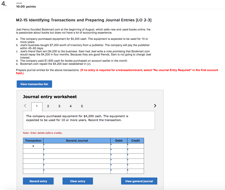 Solved value: 10.00 points M2-15 Identifying Transactions | Chegg.com